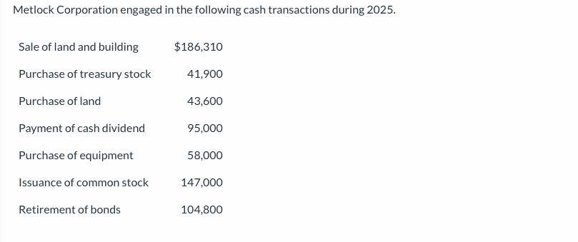 Solved Metlock Corporation engaged in the following cash | Chegg.com Solved Metlock Corporation engaged in the following cash | Chegg.com