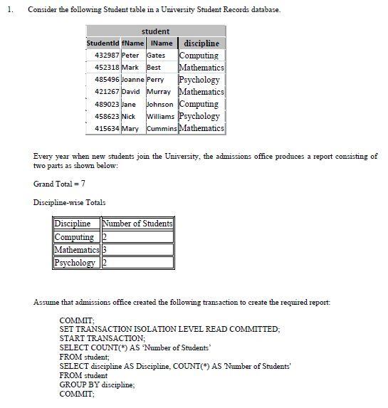 Solved 1. Consider the following Student table in a | Chegg.com