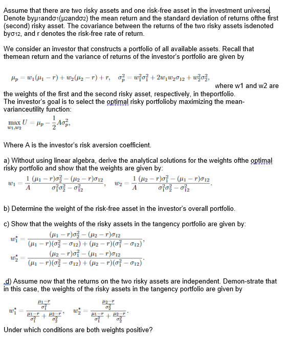 Assume that there are two risky assets and one | Chegg.com