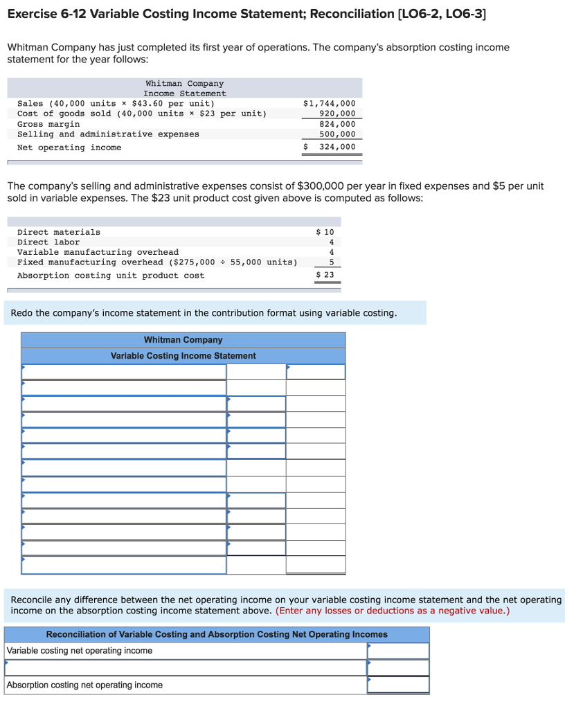 Solved Exercise 6-12 Variable Costing Income Statement; | Chegg.com
