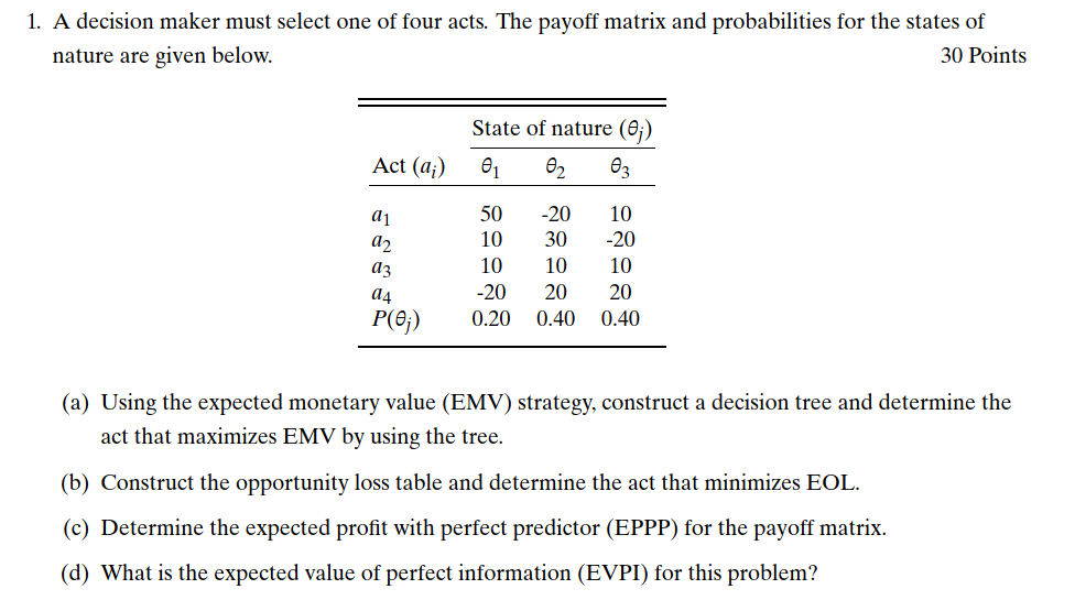 Solved 1. A decision maker must select one of four acts. The | Chegg.com
