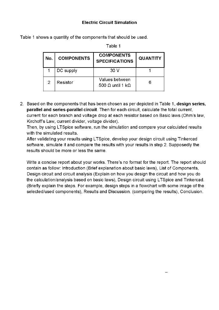 Solved Electric Circuit Simulation Table 1 shows a quantity | Chegg.com