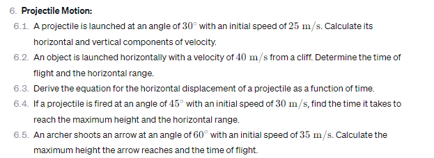 Solved Projectile Motion:6.1. ﻿A projectile is launched at | Chegg.com