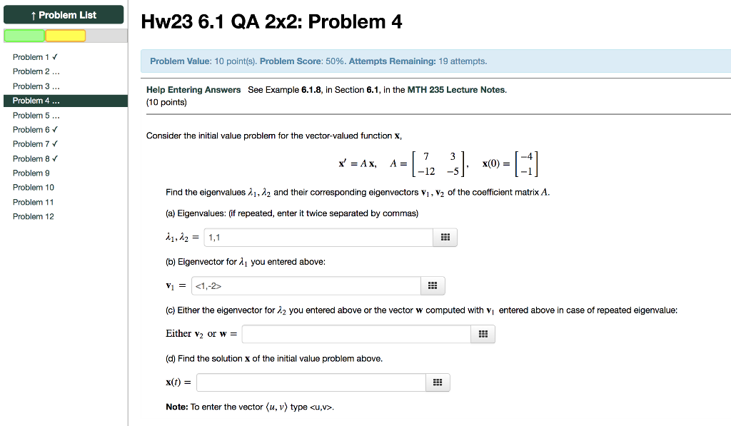 Solved t Problem List Hw23 6.1 QA 2x2: Problem 4 Problem 1 | Chegg.com