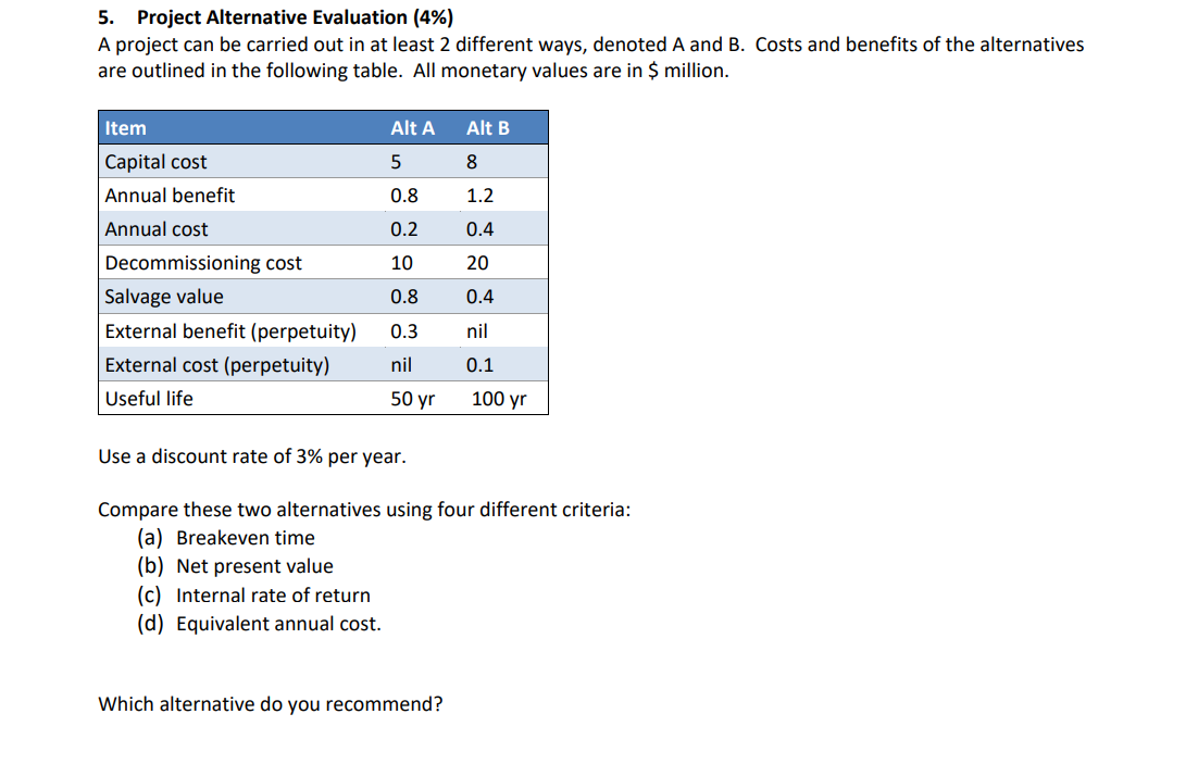 5. Project Alternative Evaluation (4\%) A project can | Chegg.com