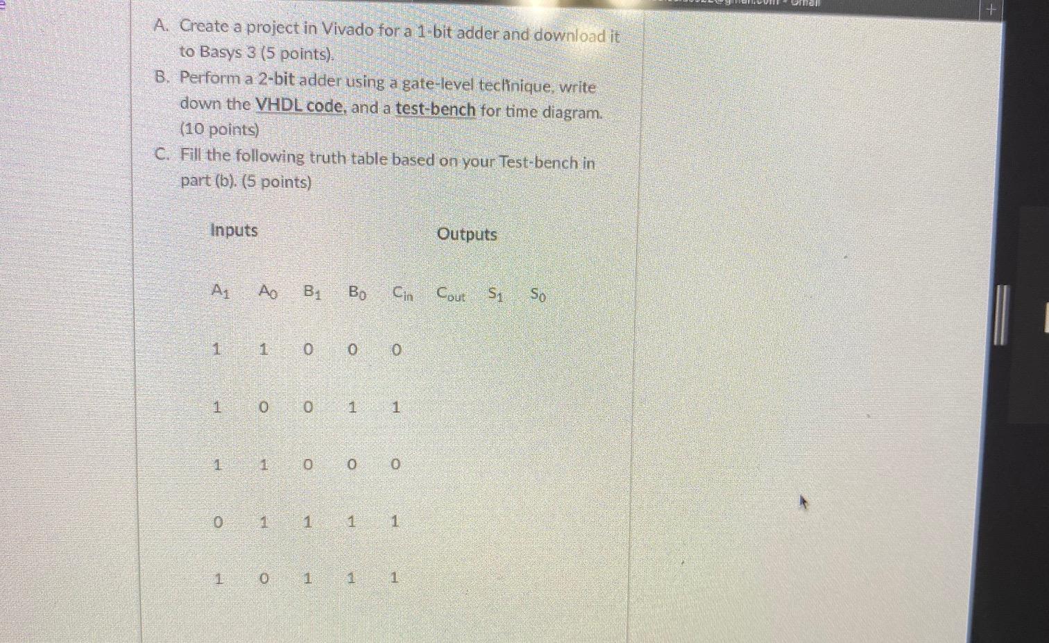 A. Create a project in Vivado for a 1-bit adder and | Chegg.com
