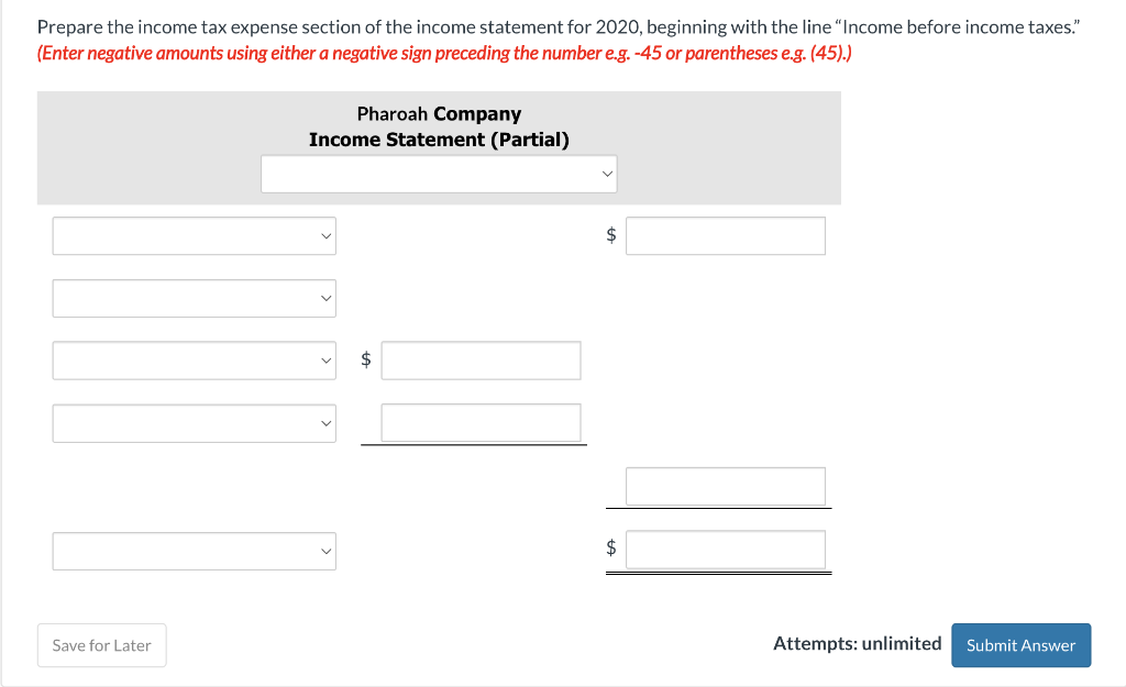 Solved Prepare the income tax expense section of the income | Chegg.com