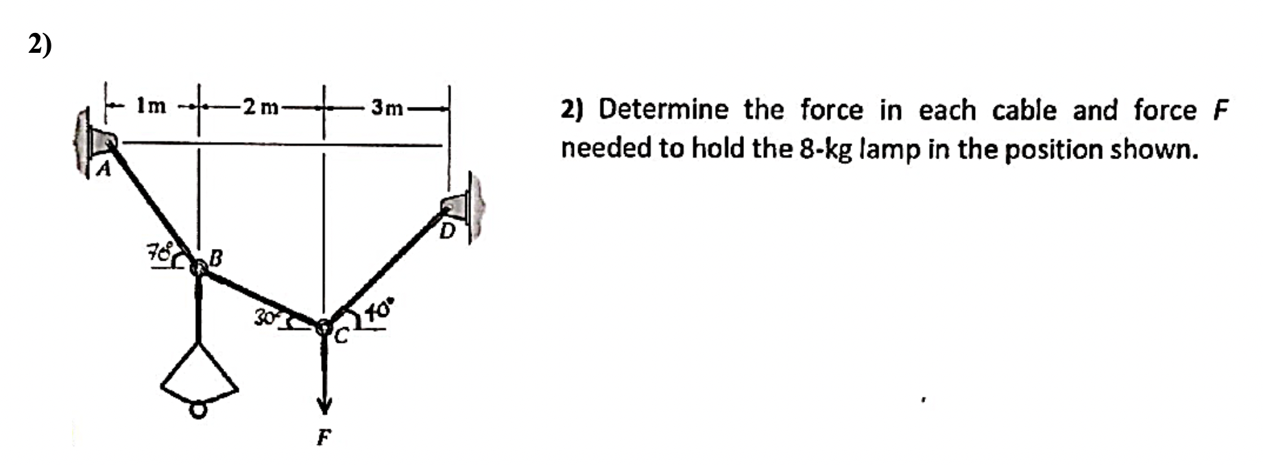 Solved 2)2) ﻿Determine the force in each cable and force \( | Chegg.com