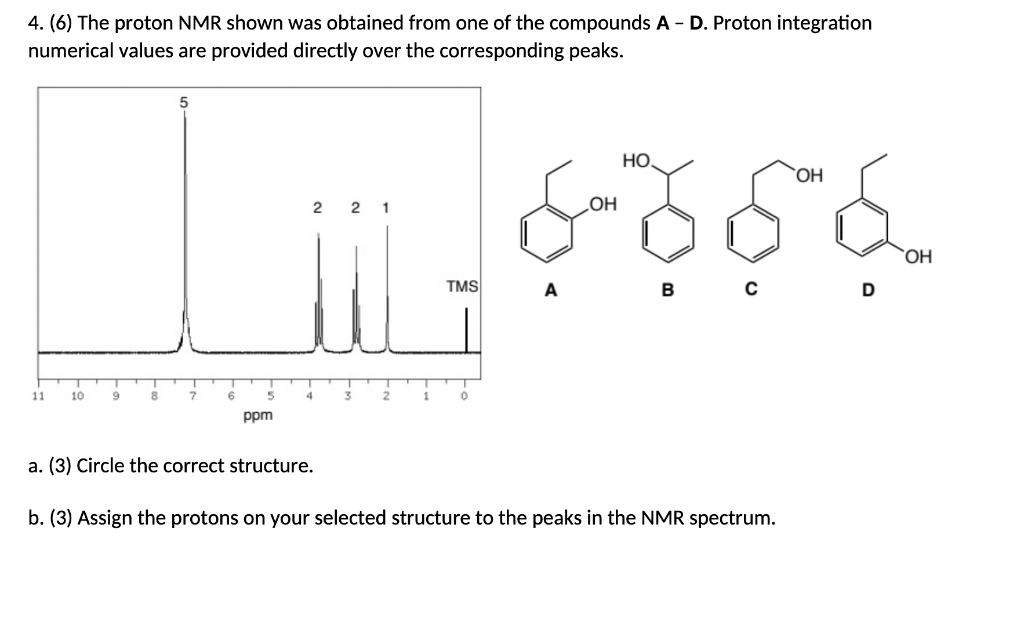Solved 4. (6) The proton NMR shown was obtained from one of | Chegg.com