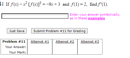 Solved f(x)−x2[f(x)]3=−9x+3 and f(1)=2Let f(x)=ln[1+g(x)] | Chegg.com