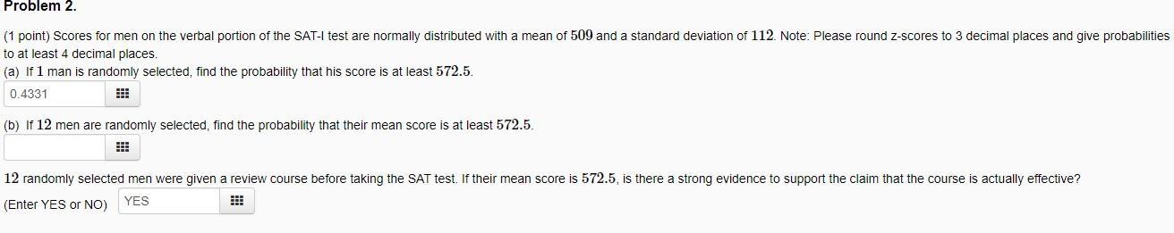 Solved Problem 2. (1 point) Scores for men on the verbal | Chegg.com