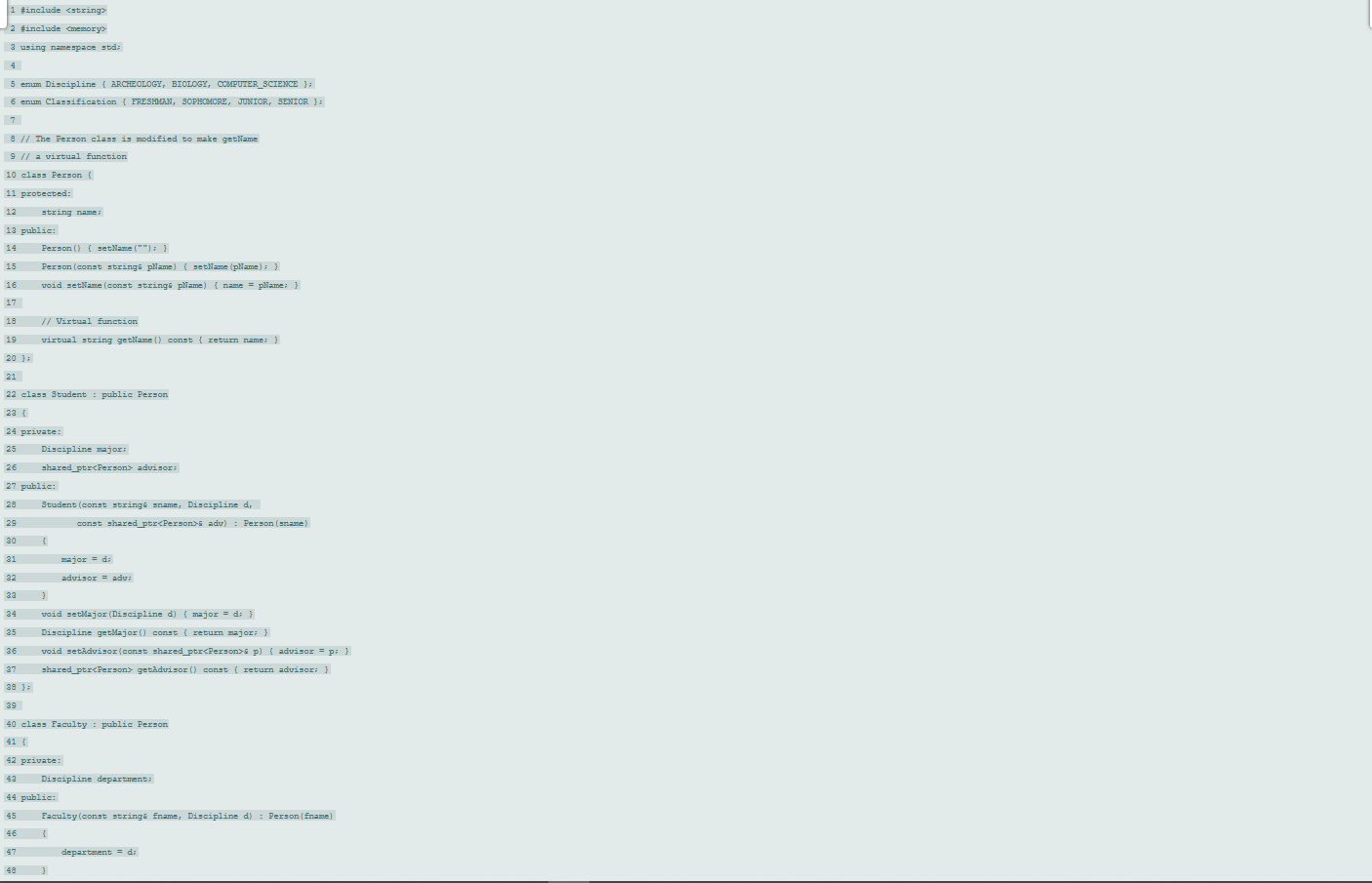 Solved 1 tinclude 2 #include advisor: 27 public: 28 | Chegg.com