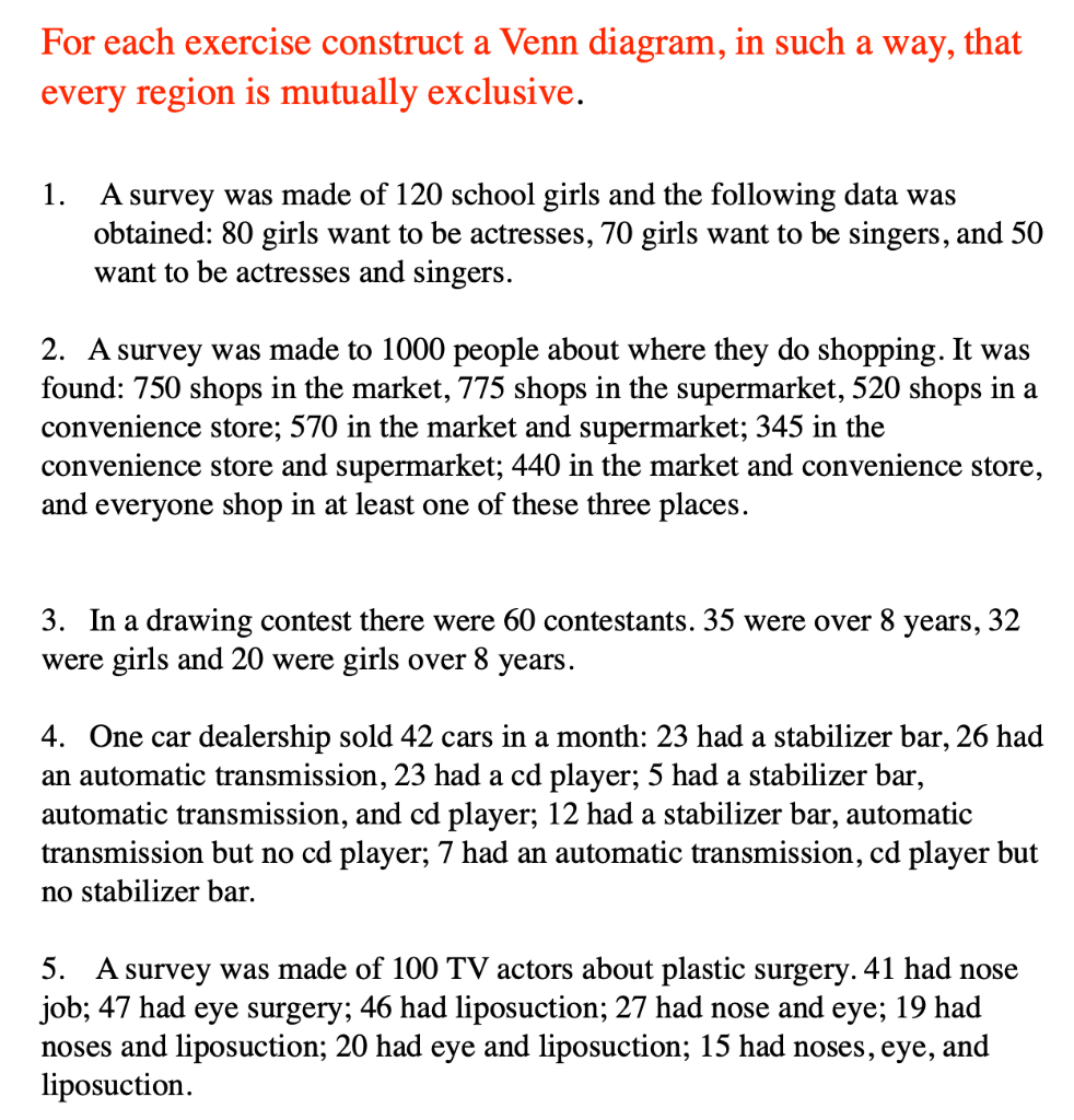 Solved For each exercise construct a Venn diagram, in such a | Chegg.com