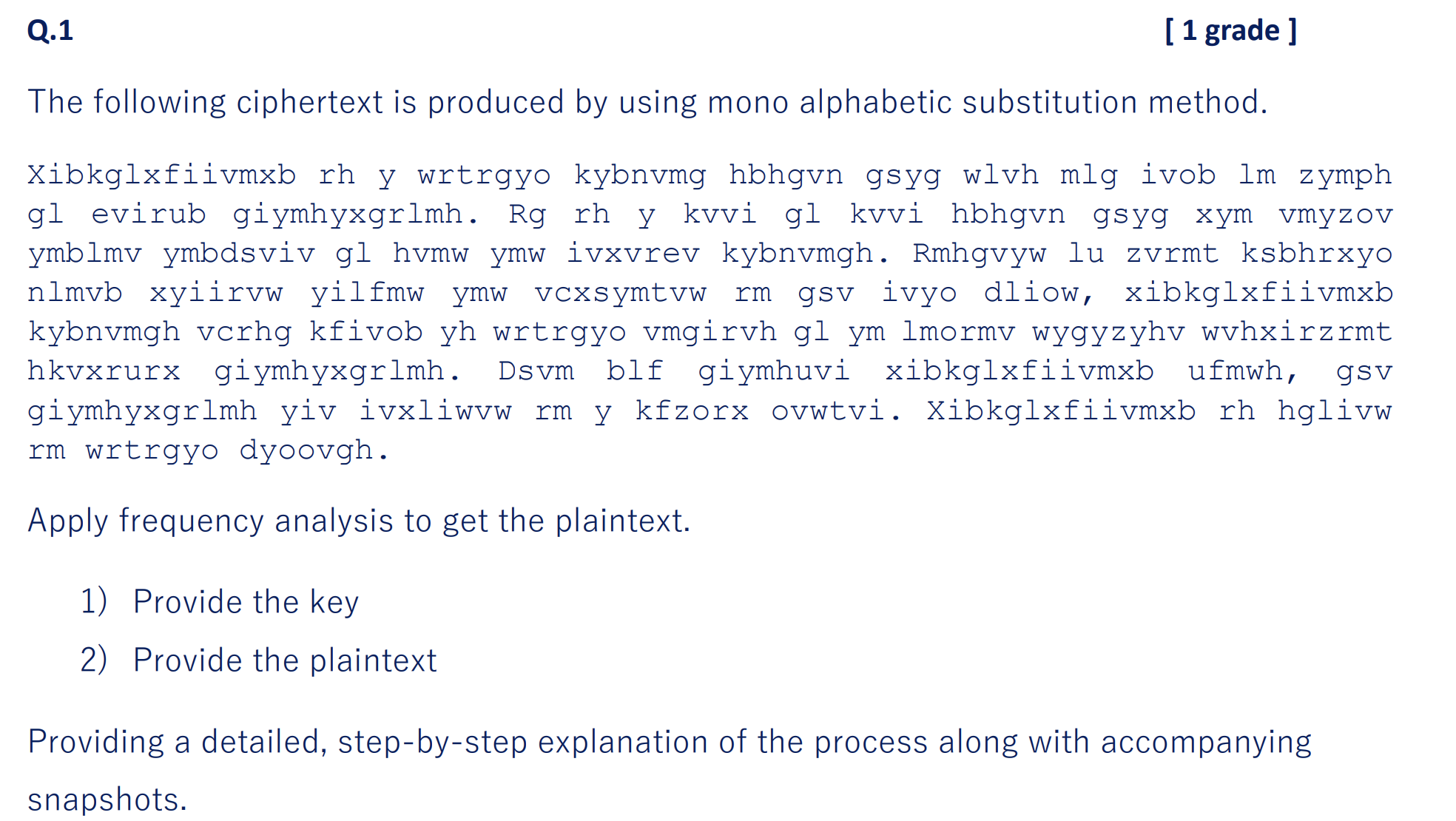 Solved Q. 1 [ 1 ﻿grade] ﻿The following ciphertext is | Chegg.com