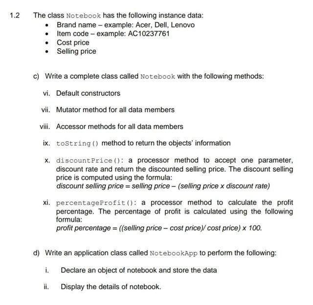 Solved 1.2 The class Notebook has the following instance | Chegg.com