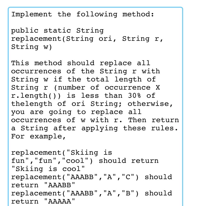 Solved Implement the following method: public static String | Chegg.com