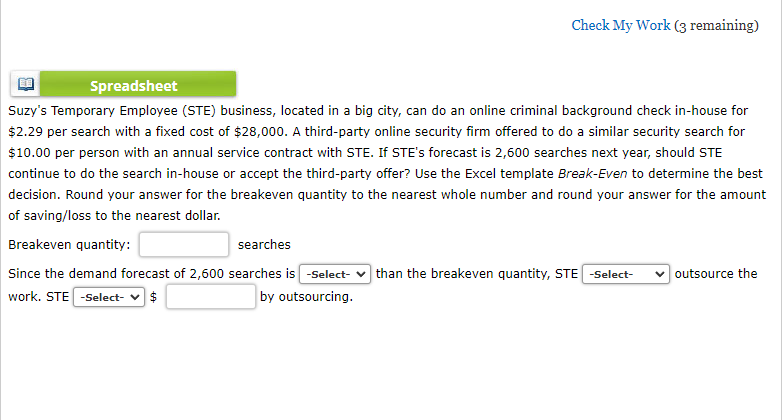 Solved Check My Work (3 remaining) Spreadsheet Suzy's | Chegg.com