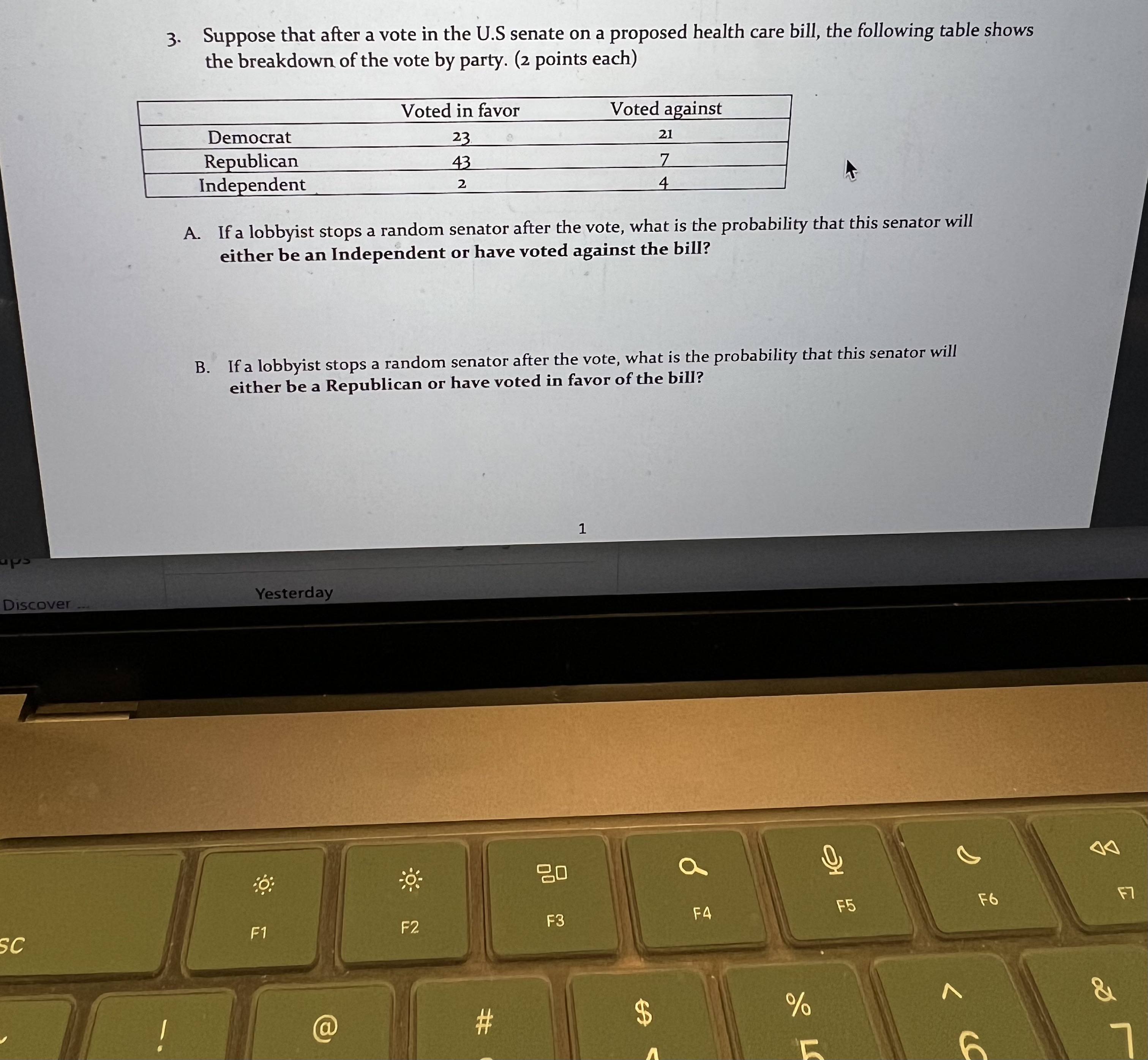 Solved 3. Suppose that after a vote in the U.S senate on a | Chegg.com
