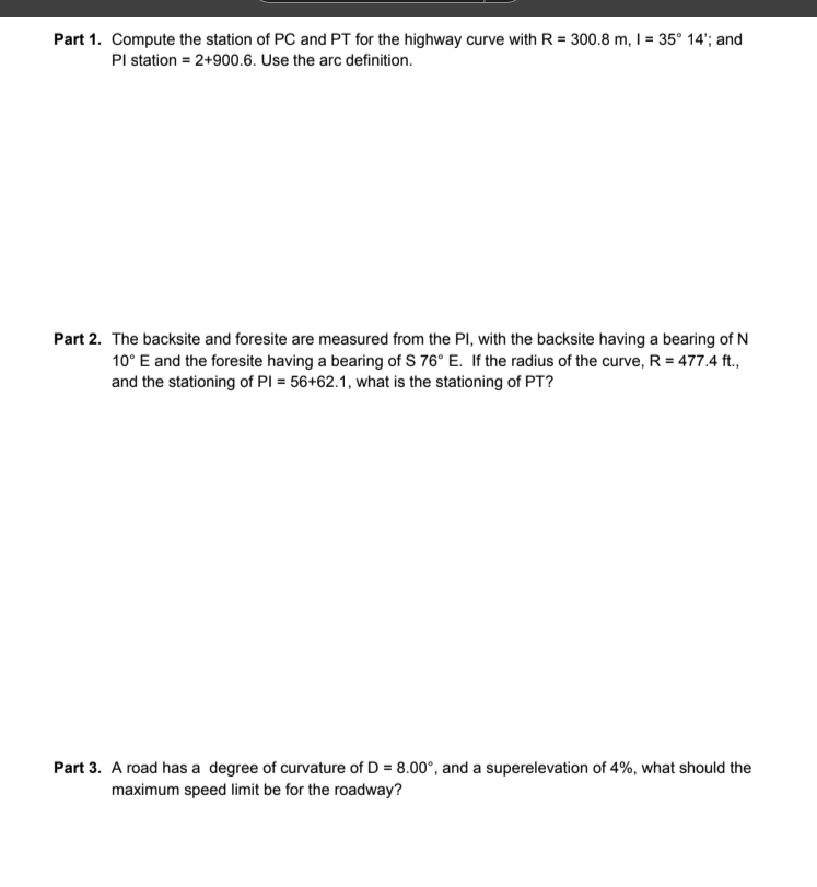 Solved Part 1. ﻿Compute the station of PC ﻿and PT ﻿for the | Chegg.com