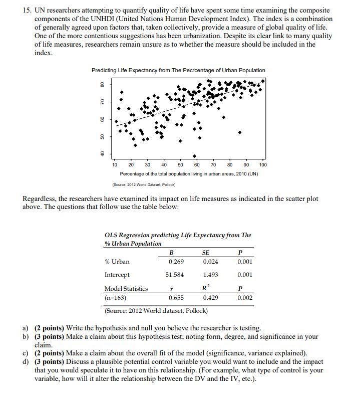 Solved 15. UN researchers attempting to quantify quality of | Chegg.com