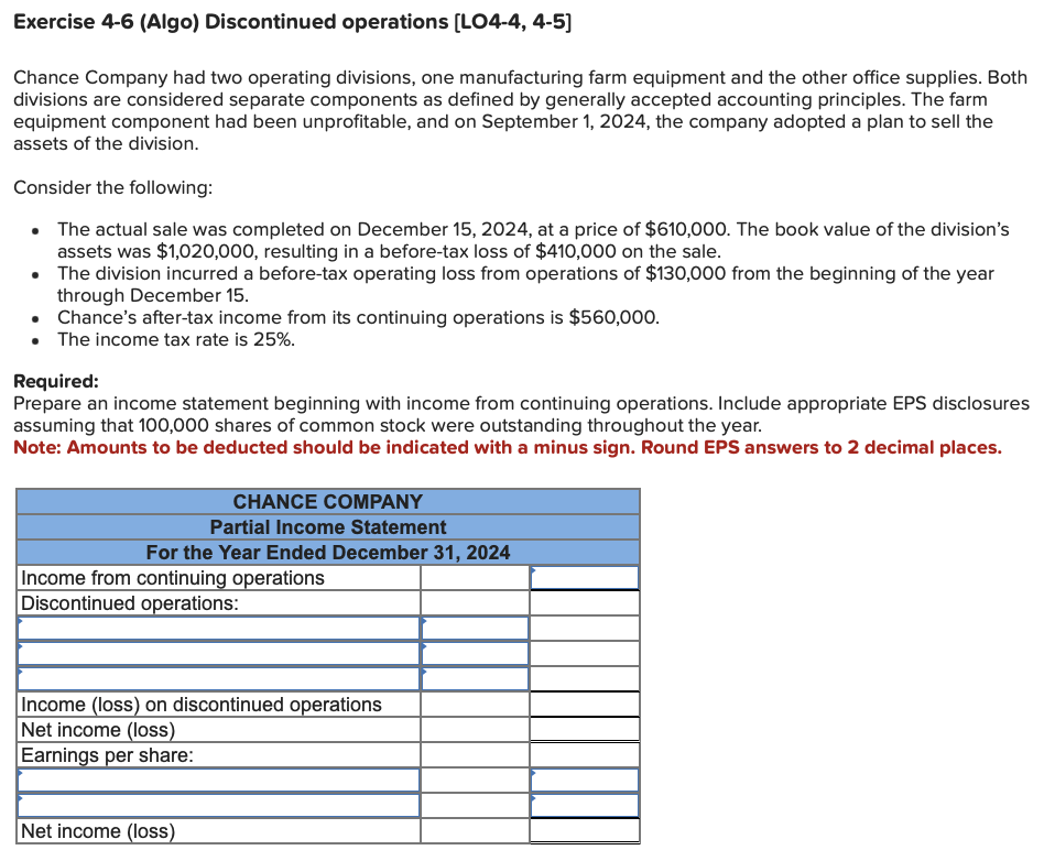 Solved Exercise 4-6 (Algo) Discontinued operations [LO4-4, | Chegg.com Solved Exercise 4-6 (Algo) Discontinued operations [LO4-4, | Chegg.com