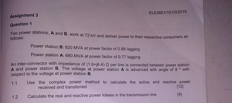 Solved ELE3601/101/0/2019 Assignment 3 Question 1 Two power | Chegg.com