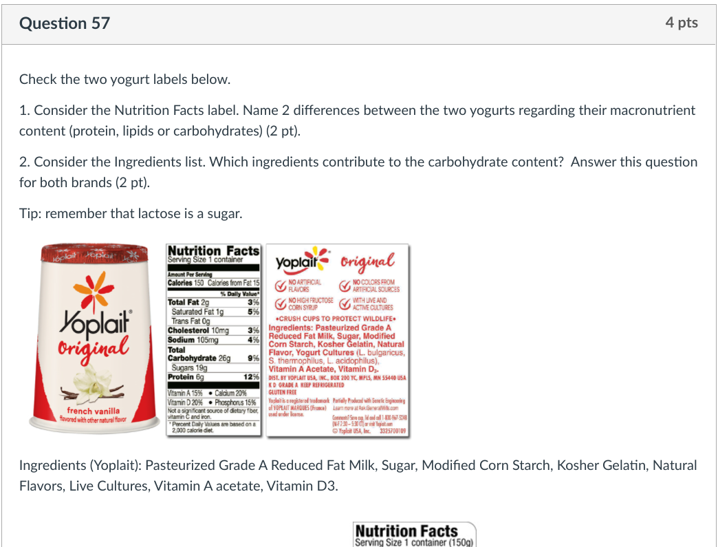 Yoplait Yogurt Nutrition Label