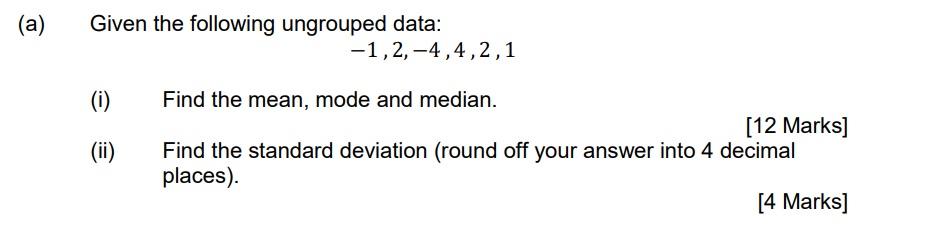 Solved Given the following ungrouped data: −1,2,−4,4,2,1 (i) | Chegg.com