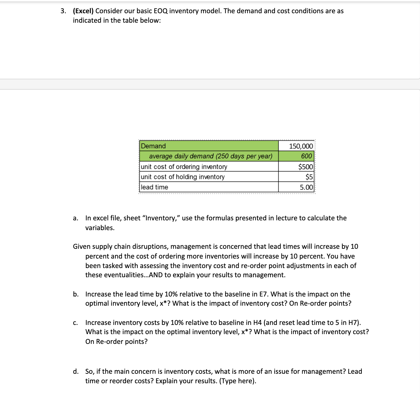 (Excel) ﻿Consider our basic EOQ inventory model. The | Chegg.com