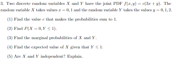 Solved 3. Two discrete random variables X and Y have the | Chegg.com