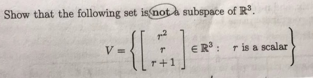 Solved Show that the following set is not a subspace of R3. | Chegg.com