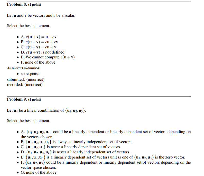 Solved Let u and v be vectors and c be a scalar. Select the | Chegg.com