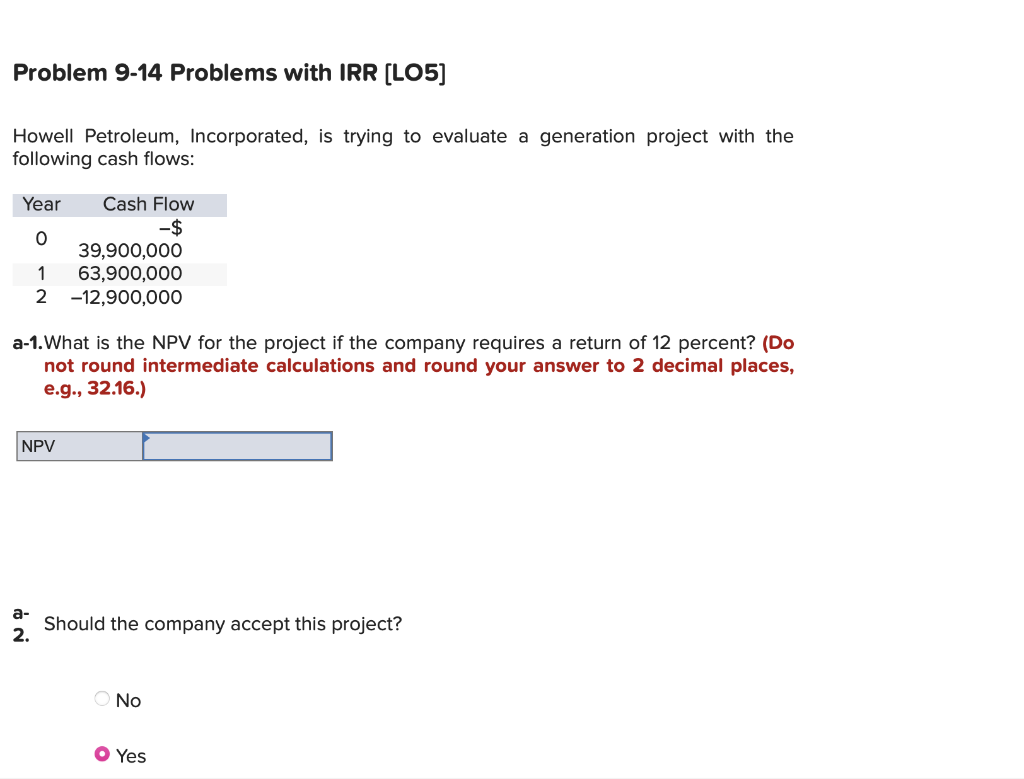 Solved Problem 9-14 Problems with IRR [LO5] Howell | Chegg.com