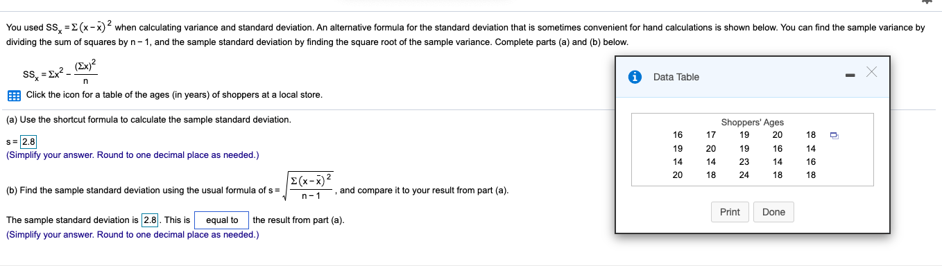 Solved You used SSx = 2(x-x)2 when calculating variance and | Chegg.com