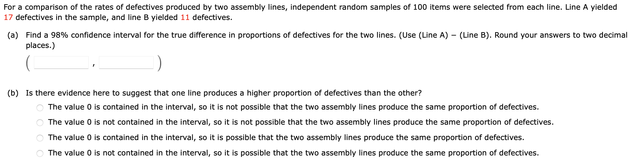 Solved For a comparison of the rates of defectives produced | Chegg.com
