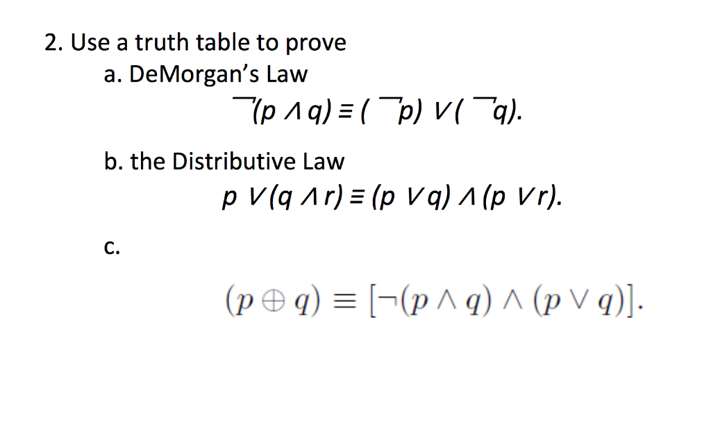 Solved 2. Use a truth table to prove a. DeMorgan's Law b. | Chegg.com