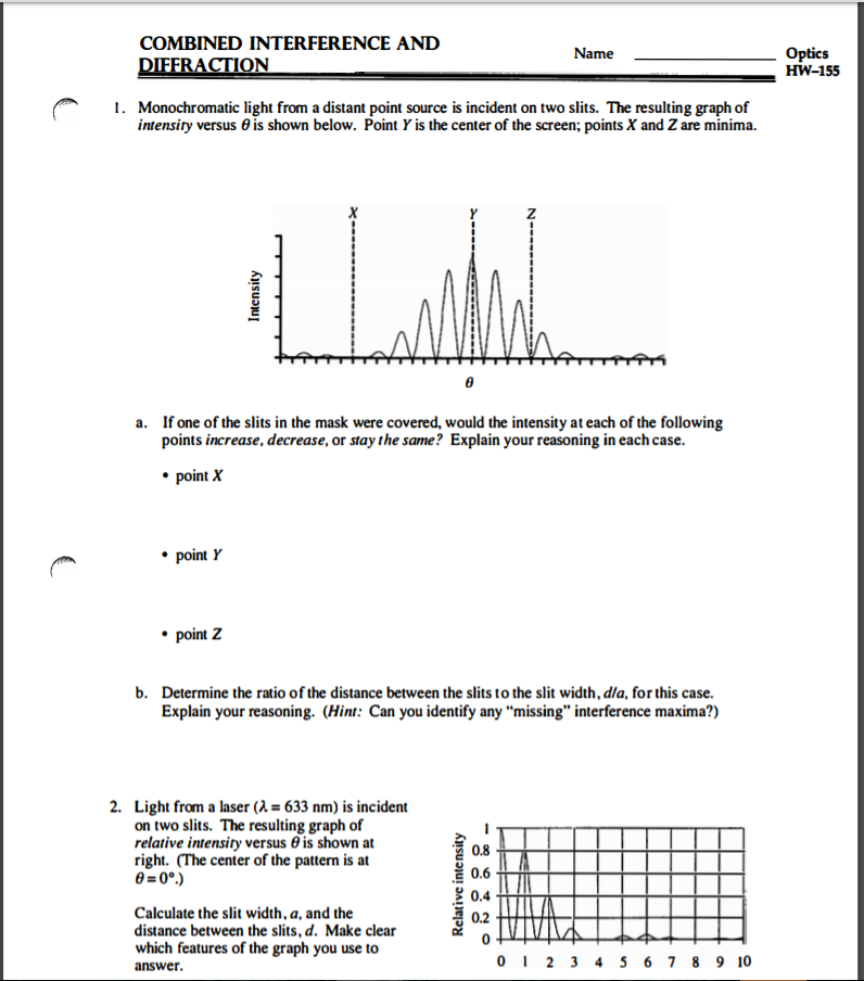 Solved COMBINED INTERFERENCE AND DIFFRACTION Name Optics | Chegg.com