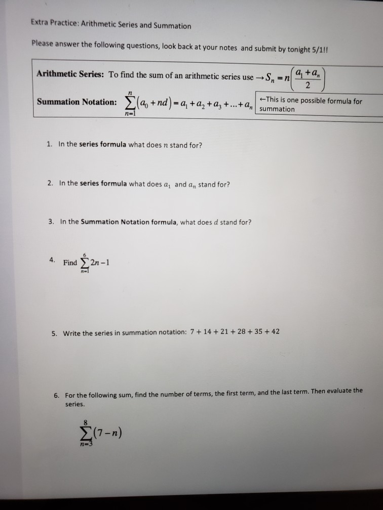 Solved Extra Practice: Arithmetic Series and Summation | Chegg.com