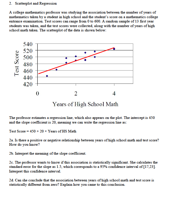 Solved 2. Scatterplot and Regression A college mathematics | Chegg.com