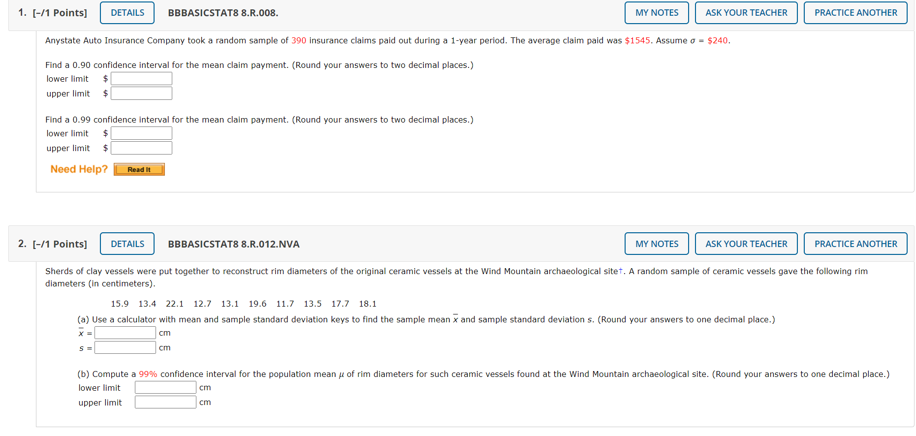 Solved 1. [-/1 Points] DETAILS BBBASICSTAT8 8.R.008. MY | Chegg.com