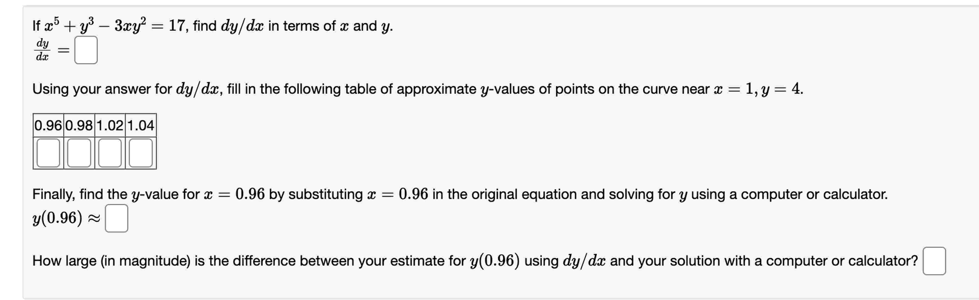Solved If x5+y3-3xy2=17, ﻿find dydx in ﻿terms of x ﻿and | Chegg.com