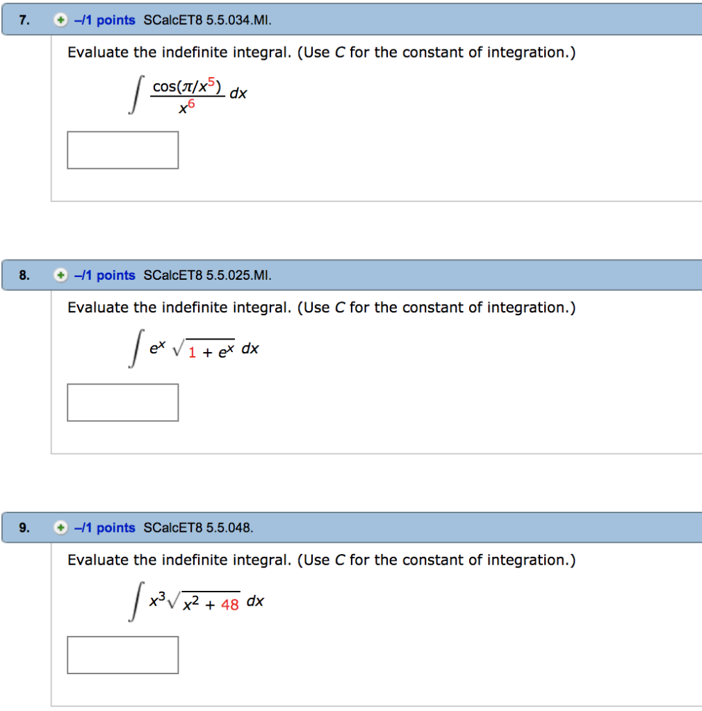 Solved 7. -/1 points SCalcET8 5.5.034.MI Evaluate the | Chegg.com