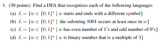 Solved 1. (30 points) Find a DFA that recognizes each of the | Chegg.com
