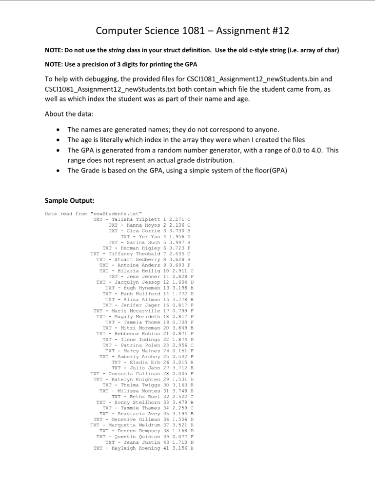 Computer Science 1081 - Assignment #12 Program #1 | Chegg.com