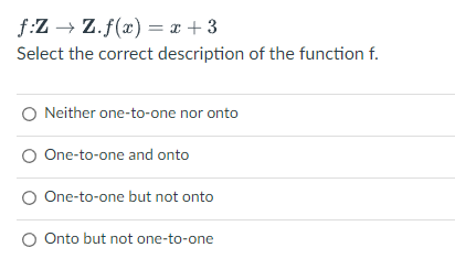 f:Z→Z⋅f(x)=x+3 Select the correct description of the | Chegg.com