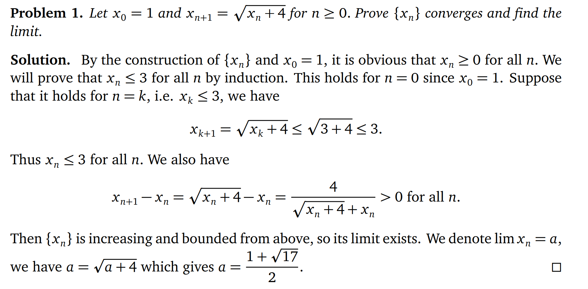 Solved Problem 1. Let x0=1 and xn+1=xn+4 for n≥0. Prove {xn} | Chegg.com