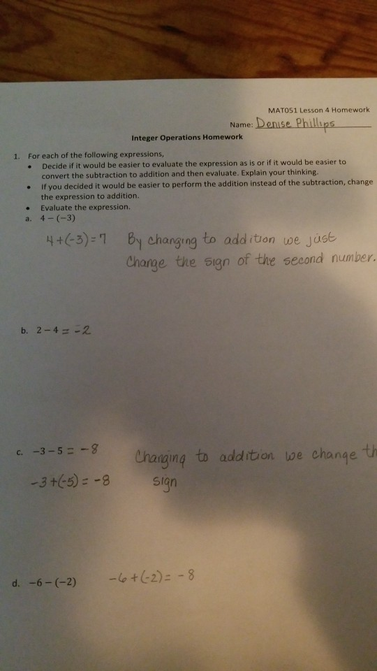 Solved MAT051 Lesson 4 Homework Name Integer Operations | Chegg.com