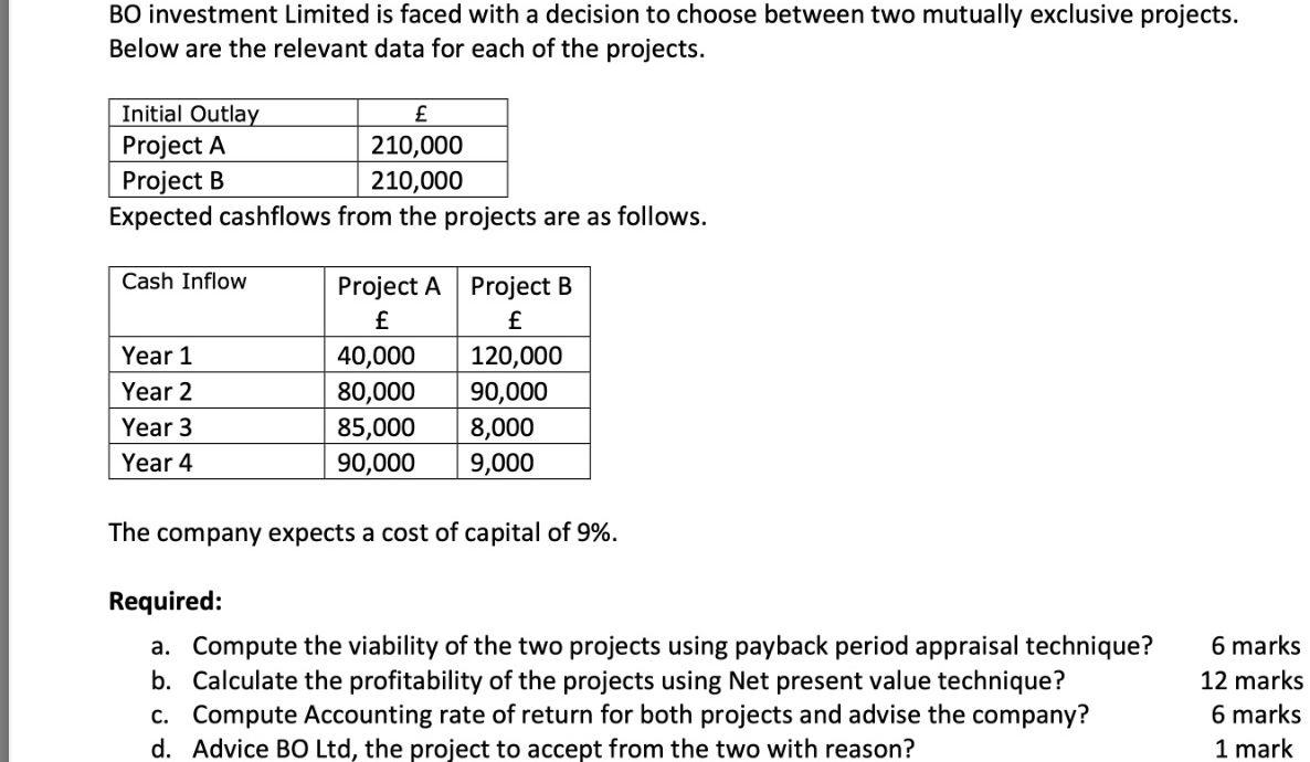 Solved BO investment Limited is faced with a decision to | Chegg.com