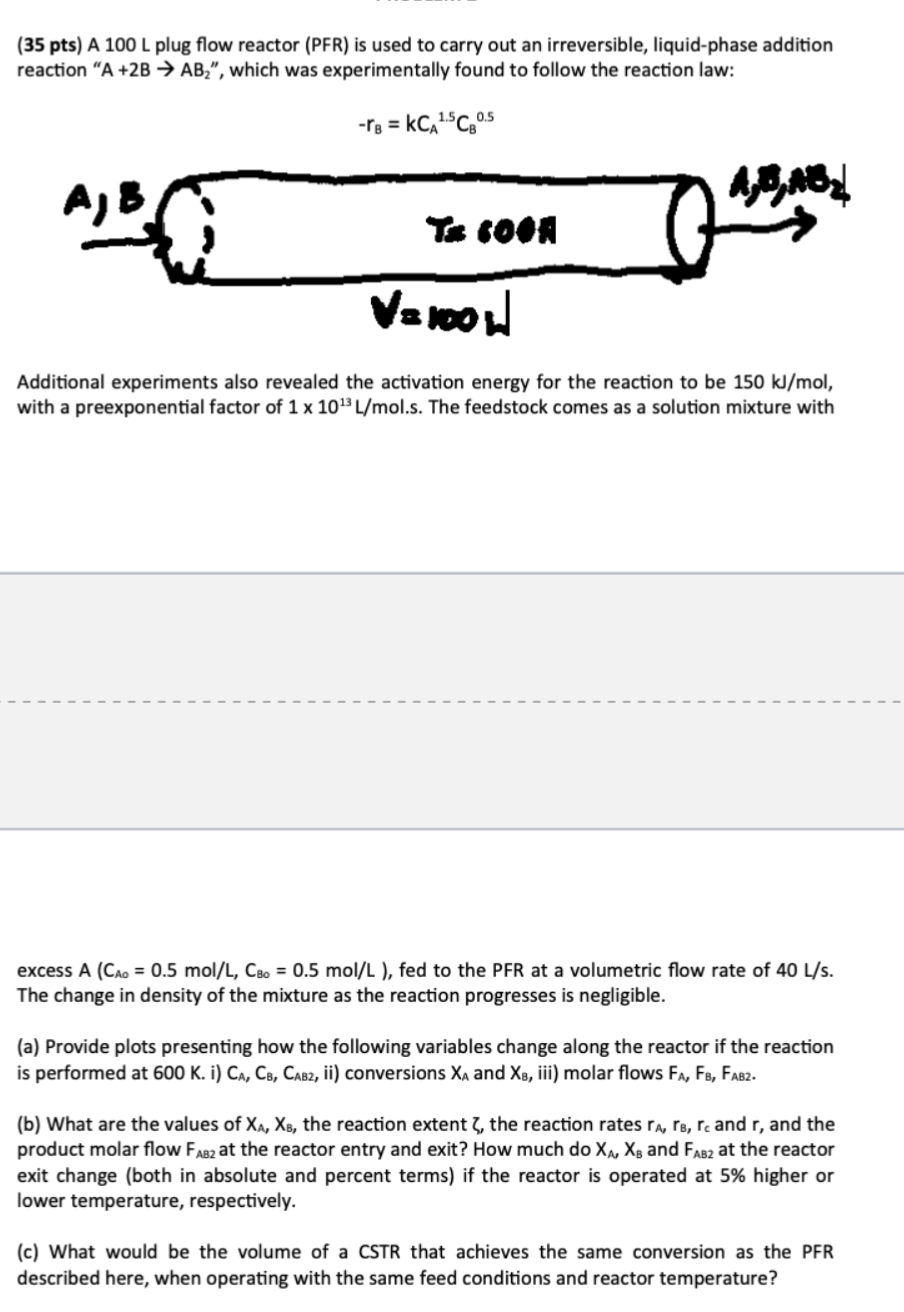Solved (35 ﻿pts) ﻿A 100 ﻿L plug flow reactor (PFR) ﻿is used | Chegg.com