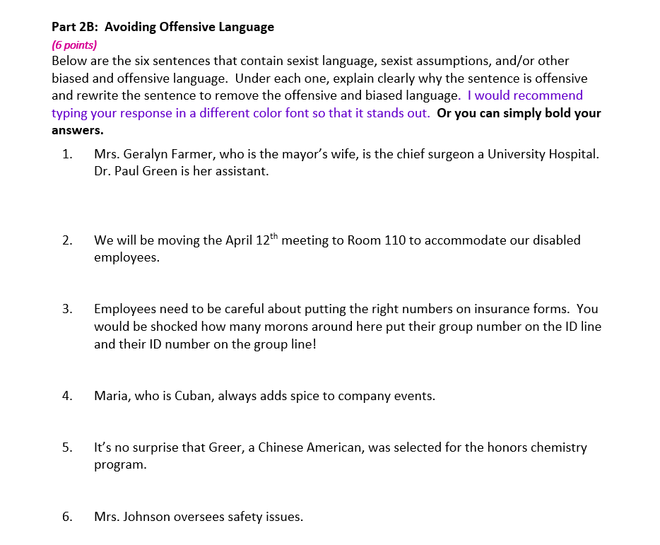 Solved Part 2B: Avoiding Offensive Language (6 points) Below | Chegg.com